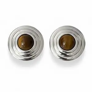 LATELITA Brown / Silver Como Large Round Stud Earrings Tigers Eye Silver - Brown/silver