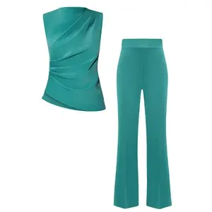 TIA DORRAINE Sleeveless Pleated Top & Trousers Set Turquoise - Green/blue