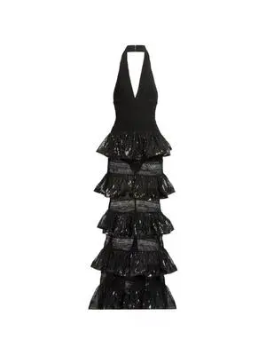 Elie Saab Sequin-embellished Ruffled Maxi Dress - Black