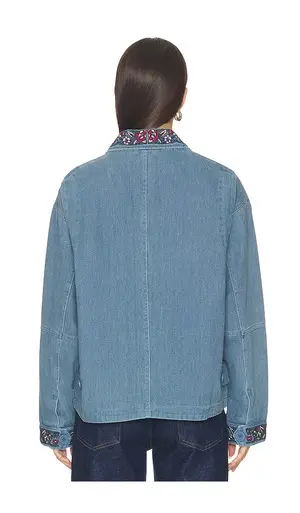 FOUND Jockey Club Embroidered Denim Jacket - Blue