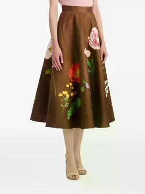 Oscar De La Renta Botanical Print Midi Skirt