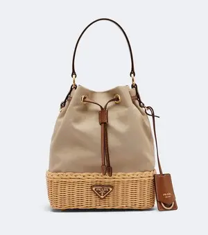 Prada Canvas And Wicker Bucket Bag - Beige