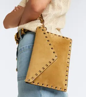 Valentino Garavani Rockstud Medium Suede Pouch - Beige