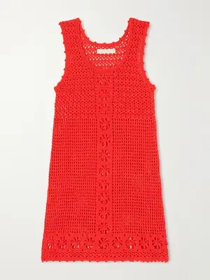 TERRY PUESTO Poolside Scalloped Crocheted Organic-cotton Mini Dress - Red