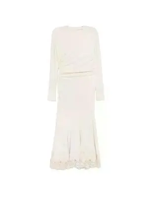 Alberta Ferretti Lace-trim Ruched Midi Dress - Neutrals