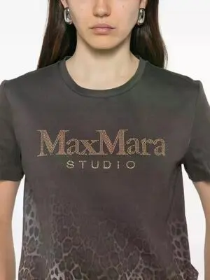 Max Mara Quieto Leopard-print Rhinestone-logo T-shirt - Grey