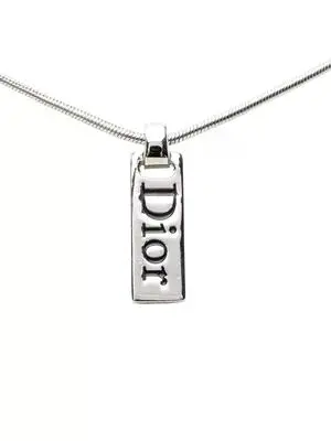 Dior 1998-2004 Palladium Plated Enamel Logo Plaque Pendant Necklace Costume Necklace - Silver