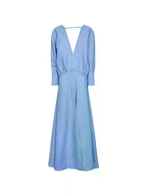 BATAKOVIC Plunging V-neck Gathered Midi Dress - Blue