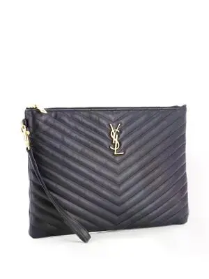 Saint Laurent Classic Monogram Wristlet Pouch Matelasse Chevron Leather Medium Clutch Bag