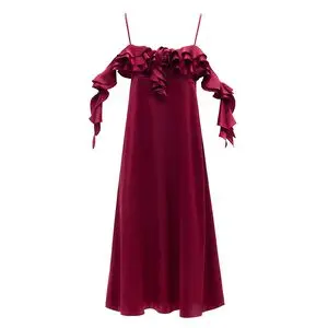 JNSQ (JE NE SAIS QUOI) Rosie Silk Ruffle Midi Dress - Red