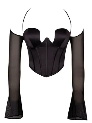 MISS CIRCLE NEW YORK Pixie Mesh Sleeve Halter Corset Satin Top - Black