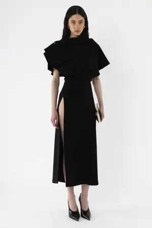 Arakii Sculptural Asymmetrical Collar Pin Dress - Black