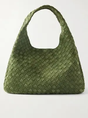 Bottega Veneta Campana Intrecciato Suede Shoulder Bag - Green