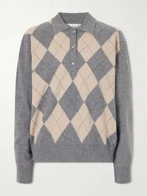 RÓHE Argyle Cashmere, Wool And Silk-blend Polo Sweater - Gray