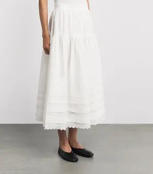 DÔEN Sebastiane Organic Cotton Midi Skirt With Lace Hem - White