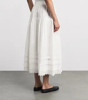 DÔEN Sebastiane Organic Cotton Midi Skirt With Lace Hem - White