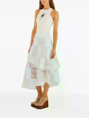 Farm Rio Patchwork-lace Tiered Midi Skirt - White
