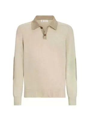 Brunello Cucinelli Cashmere Knit Polo With Suede Collar - Neutrals
