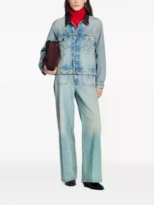 Sandro Leather-collar Button-up Denim Jacket - Blue