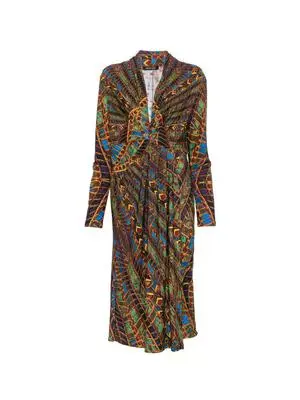Roberto Cavalli 2000s Abstract-print V-neck Midi Dress - Brown