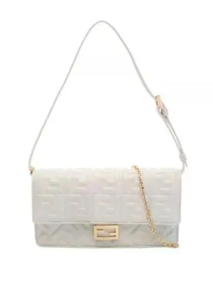 Fendi 2010-2026 Zucca Embossed Leather Baguette Wallet On Chain Satchel - White