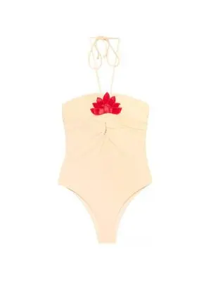 Farm Rio Floral-applique Halterneck Swimsuit - Neutrals