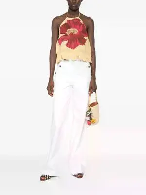 Farm Rio Poppy Print Fringe Trim Halterneck Top