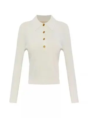Michael Kors Ribbed-knit Long-sleeve Polo Top - Neutrals