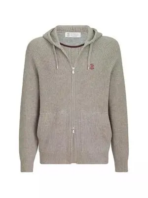 Brunello Cucinelli Cashmere English Rib Hooded Knit Sweatshirt With Logo And Zipper - Grey