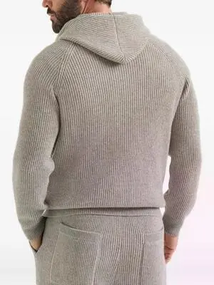 Brunello Cucinelli Cashmere English Rib Hooded Knit Sweatshirt With Logo And Zipper - Grey