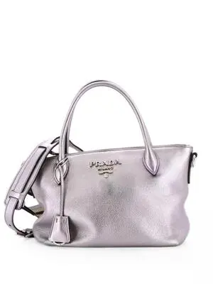 Prada Dual Strap Zip Tote Vitello Daino Small Shoulder Bag - Silver