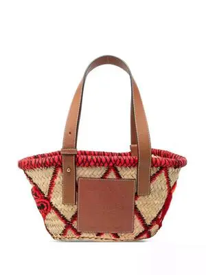 Loewe 2019 Small Raffia Animal Embroidered Anagram Basket Tote Bag - Neutrals