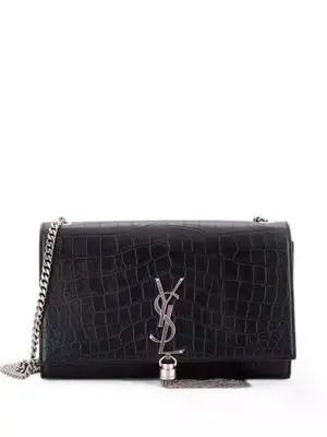 Saint Laurent Classic Monogram Tassel Crocodile Embossed Leather Medium Crossbody Bag - Black
