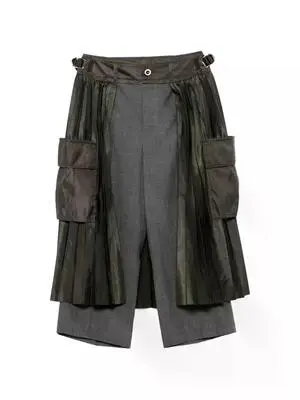 Sacai Pleated-overlay Cropped Trousers - Grey