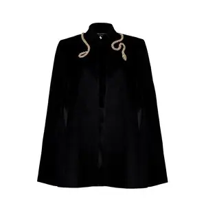 HOUSE OF LAINES LONDON Laines Couture Wool Blend Cape With Embellished Wrap Pearl & Crystal Snake - Black
