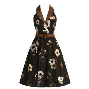 RICHA SHARMA Floral Belted Halterneck Tunic Dress - Black/brown