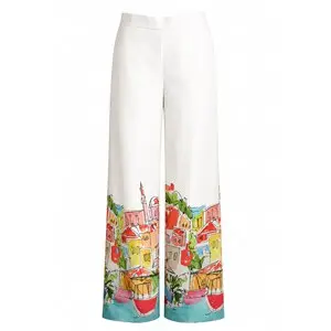 RICHA SHARMA Handcrafted Linen Cotton Wide Leg Trousers With Coastal Cityscape Print
