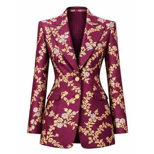 RICHA SHARMA Luxury Handcrafted Plum Hued Brocade Blazer With Gold Floral Motifs - Gold/brown/silver