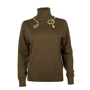 HOUSE OF LAINES LONDON Laines Couture Wrap Gold Snake Embellished Knitted Roll Neck Jumper Khaki - Green