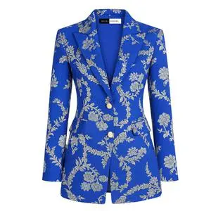 RICHA SHARMA Blue / Silver Luxury Royal Blue Brocade Blazer With Silver Embroidery - Blue/silver