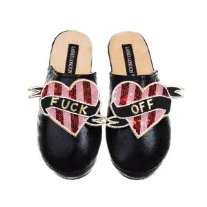 LAINES LONDON Embellished Heart Brooch Slippers - Black