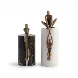 MARLETH Abstract Bronze Figure Sculptures On Marble Pedestals – Set Of Two - Brown