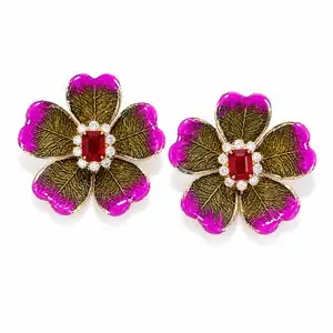 THE PINK REEF Leaves Floral Earring With Ruby Crystal - Pink
