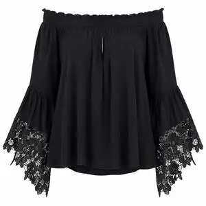 MUCHE & MUCHETTE Off-the-shoulder Blouse With Lace Trimmed Bell Sleeves - Black