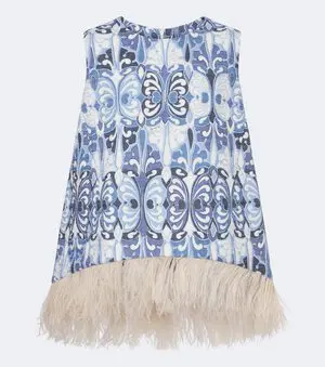 La DoubleJ La Scala Feather-trimmed Cotton Top - Blue
