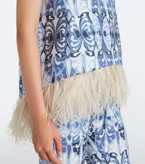 La DoubleJ La Scala Feather-trimmed Cotton Top
