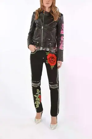 Philipp Plein Couture Angel Embroidered Leather Biker Jacket - Black