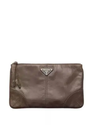 Prada Leather Pouch With Enamelled Triangle Logo - Brown