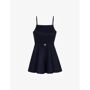 Maje Square-neck Belted Woven Mini Dress - Navy