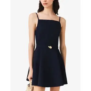 Maje Square-neck Belted Woven Mini Dress - Navy